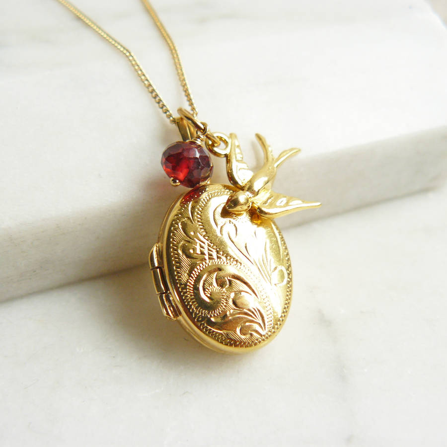 Personalised Engraved Gold Locket Necklace With Swallow By Lime Tree