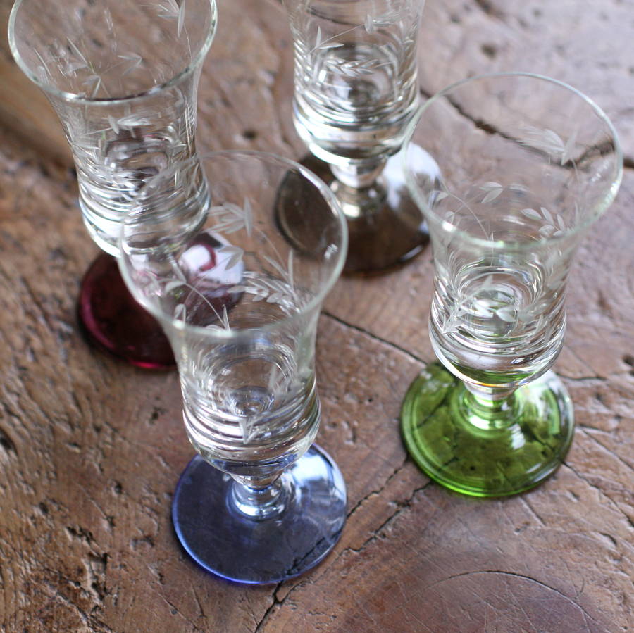 Four Vintage Colured Sherry Glasses By Magpie Living