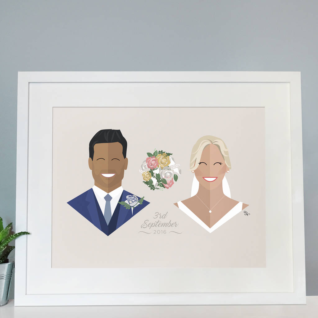 personalised wedding couple portrait print by faced ...