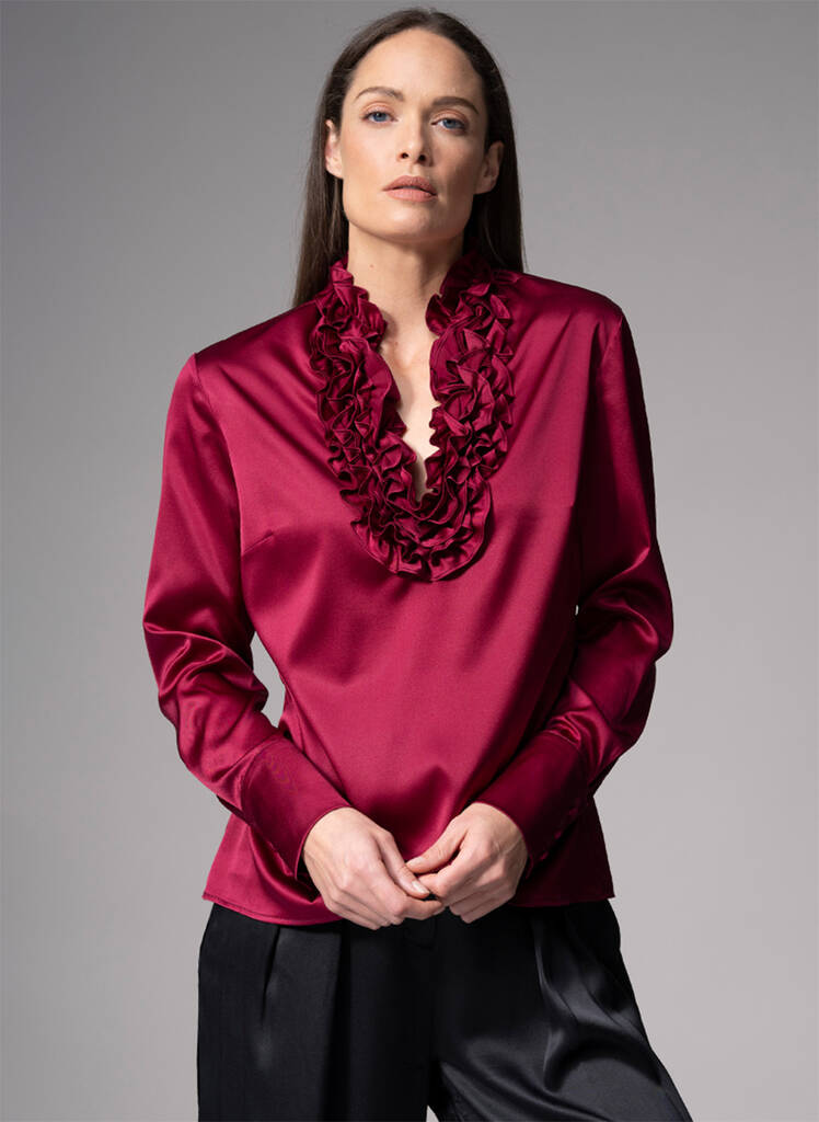 Constance Burgundy Ruffle Silk Satin Evening Blouse By The Shirt Company