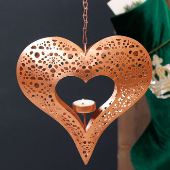hanging heart copper tealight holder by dibor | notonthehighstreet.com