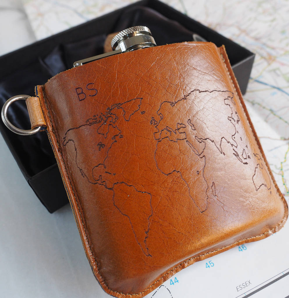 world map personalised leather hip flask by stabo | notonthehighstreet.com