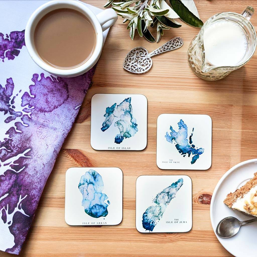 Scottish Islands Watercolour Map Table Coaster Six Set By EJayDesign