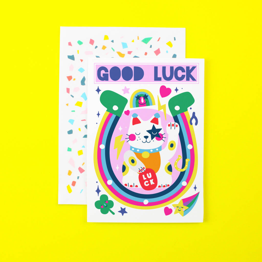 good luck cat colourful greeting card by paper joy | notonthehighstreet.com