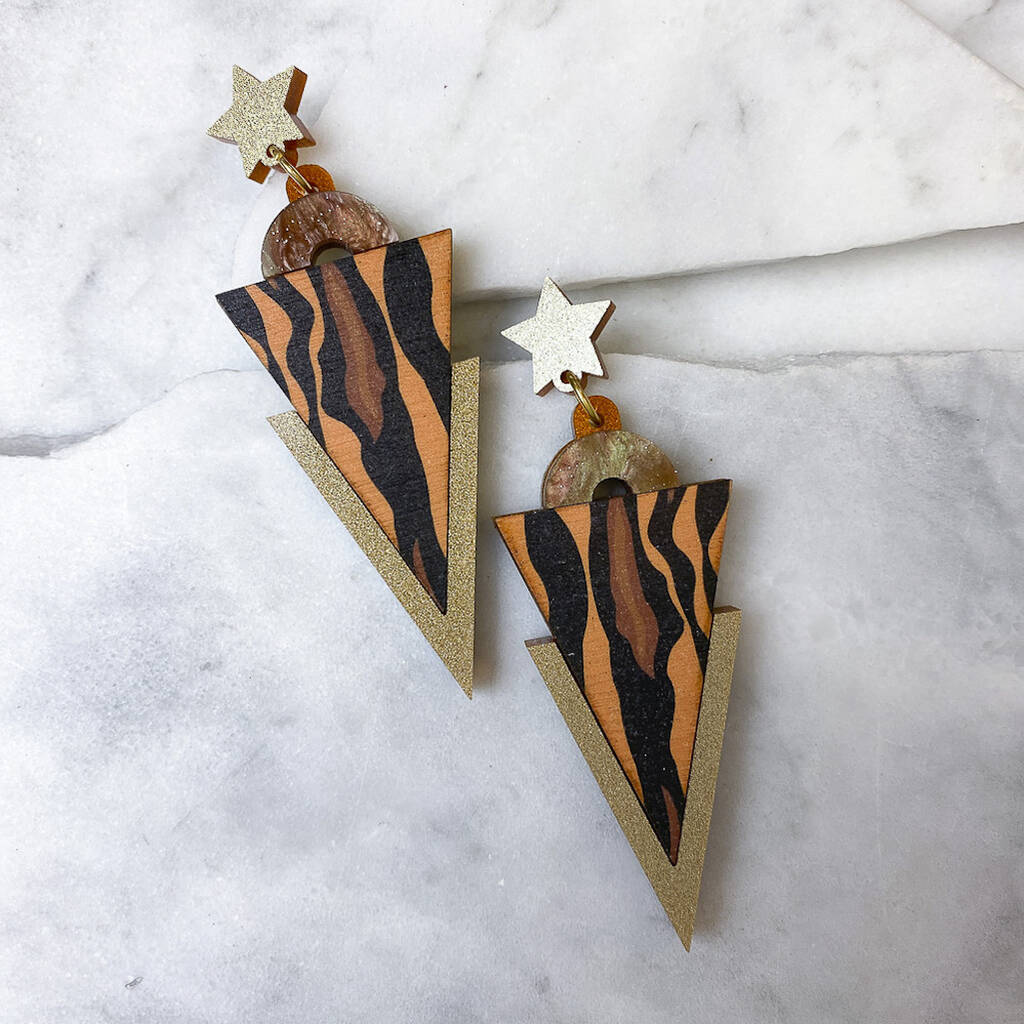 Wild Brown And Gold Tiger Print Triangle Drop Earrings By Esoteric London