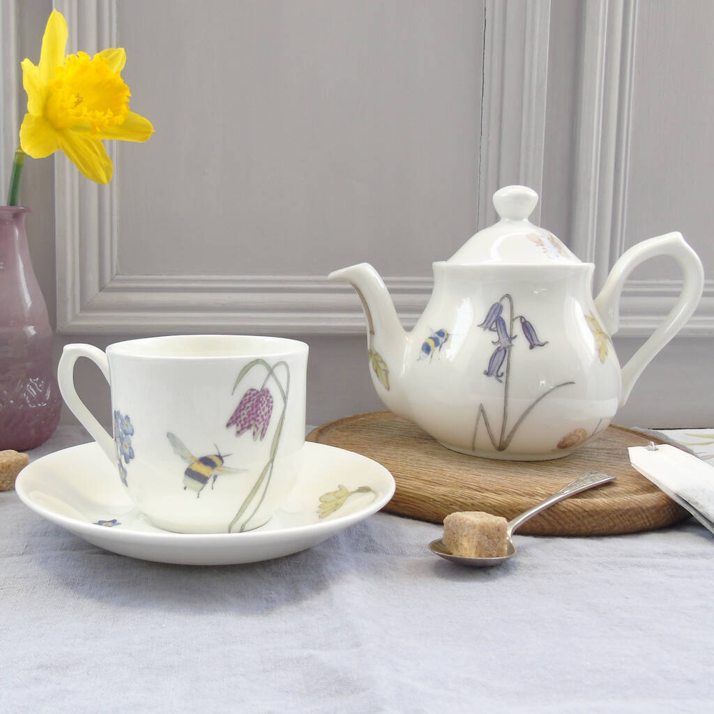 Bee And Spring Flowers China Teacup And Saucer By littlebirdydesigns ...