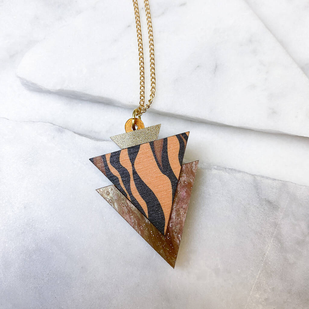 Wild Brown And Gold Tiger Print Triangle Pendant By Esoteric London