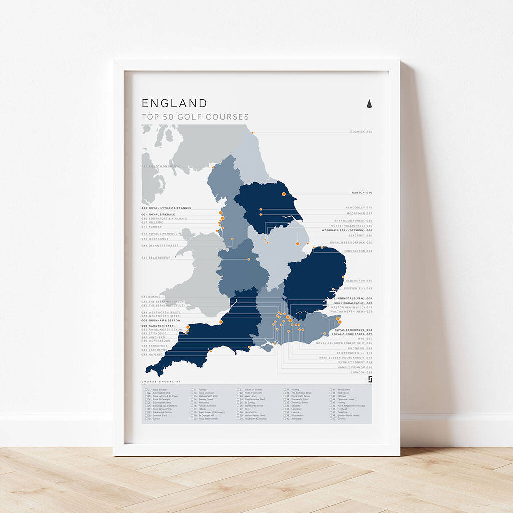 Blue England Golf Course Map And Checklist Top 50 By Replay Prints ...