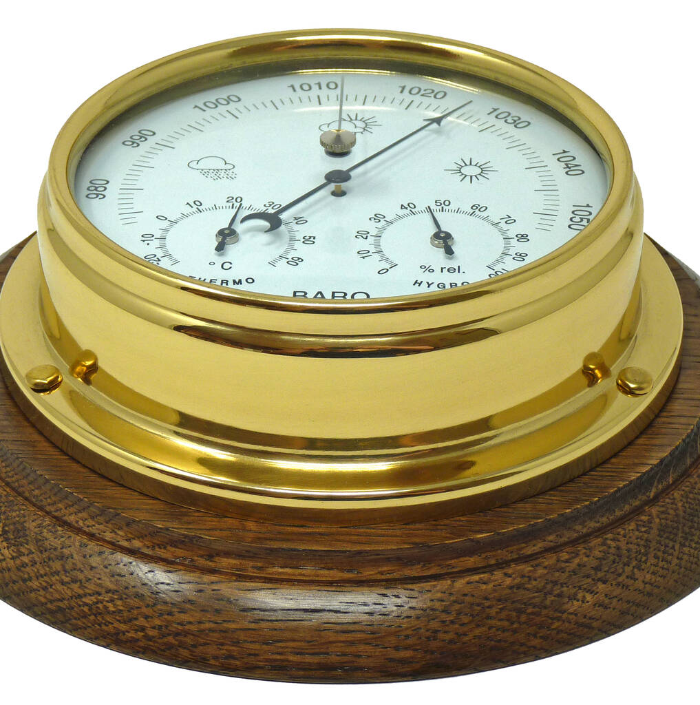 Brass Barometer / Weather Station And English Oak Mount By Tabic