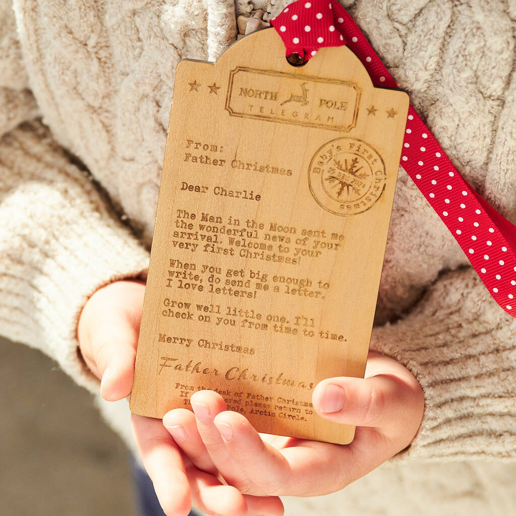 Bespoke Baby's First Christmas Wooden Tag Decoration By Betsy Benn