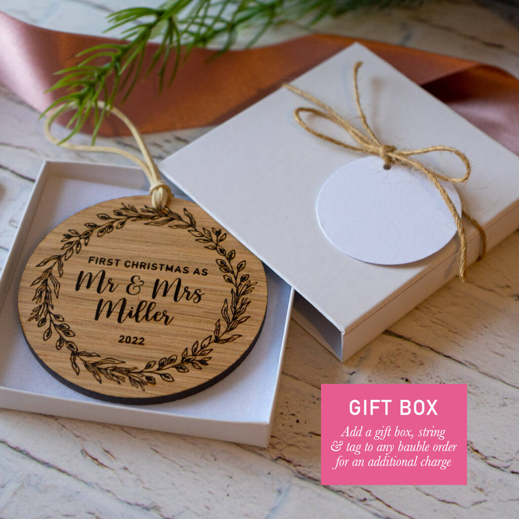 Personalised Wood First Christmas Engaged Bauble By Paperflore Studio