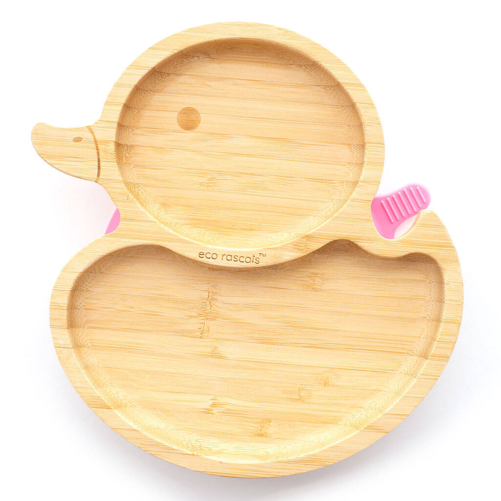 Bamboo Duck Plate With Suction Pink By eco rascals