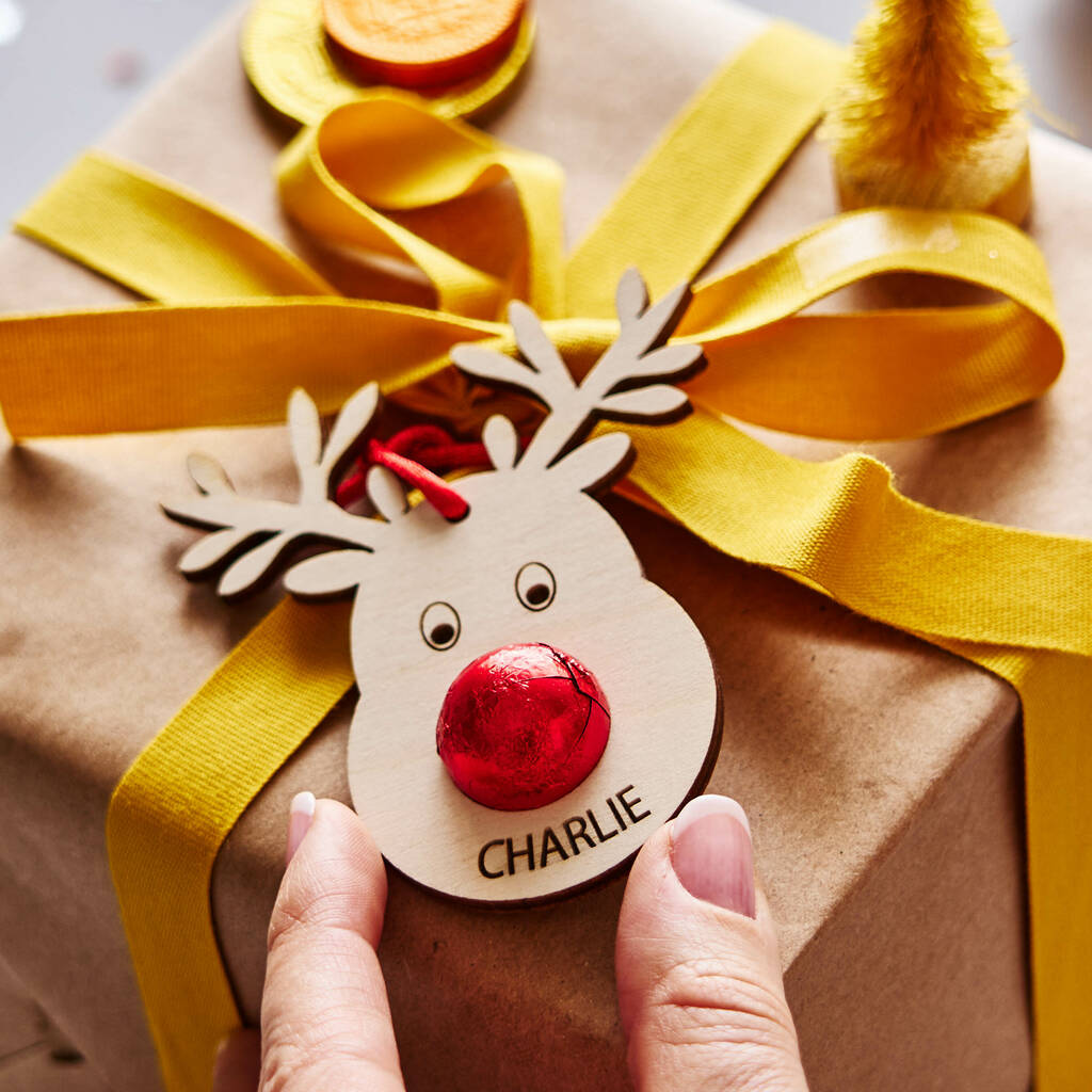 Personalised Reindeer Tag And Bag Of Chocolate Noses By Sophia Victoria ...