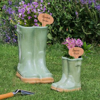 Personalised Green Ceramic Welly Boot Planter Set By Dibor ...