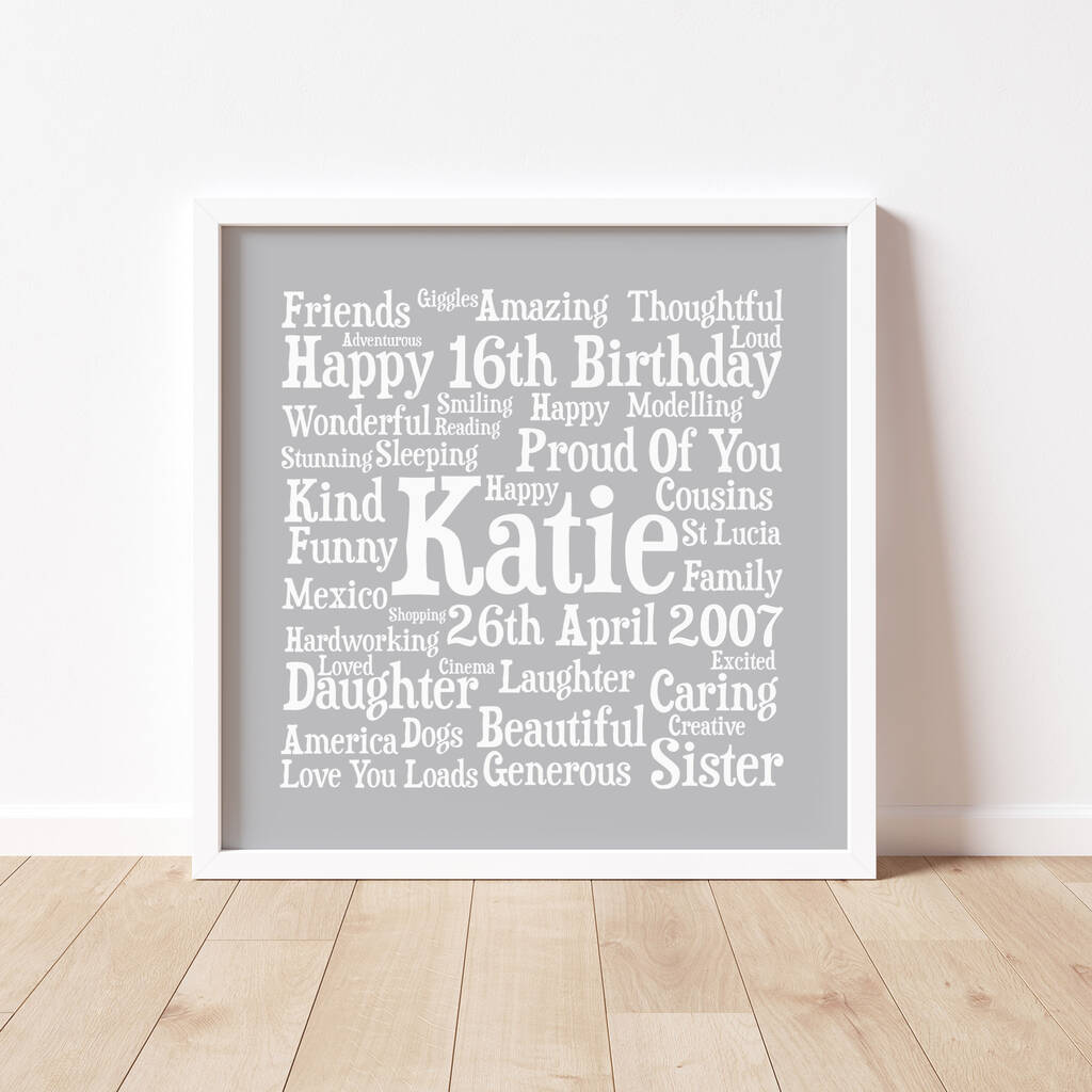 Birthday Personalised 16th Word Art Gift By Hope and Love