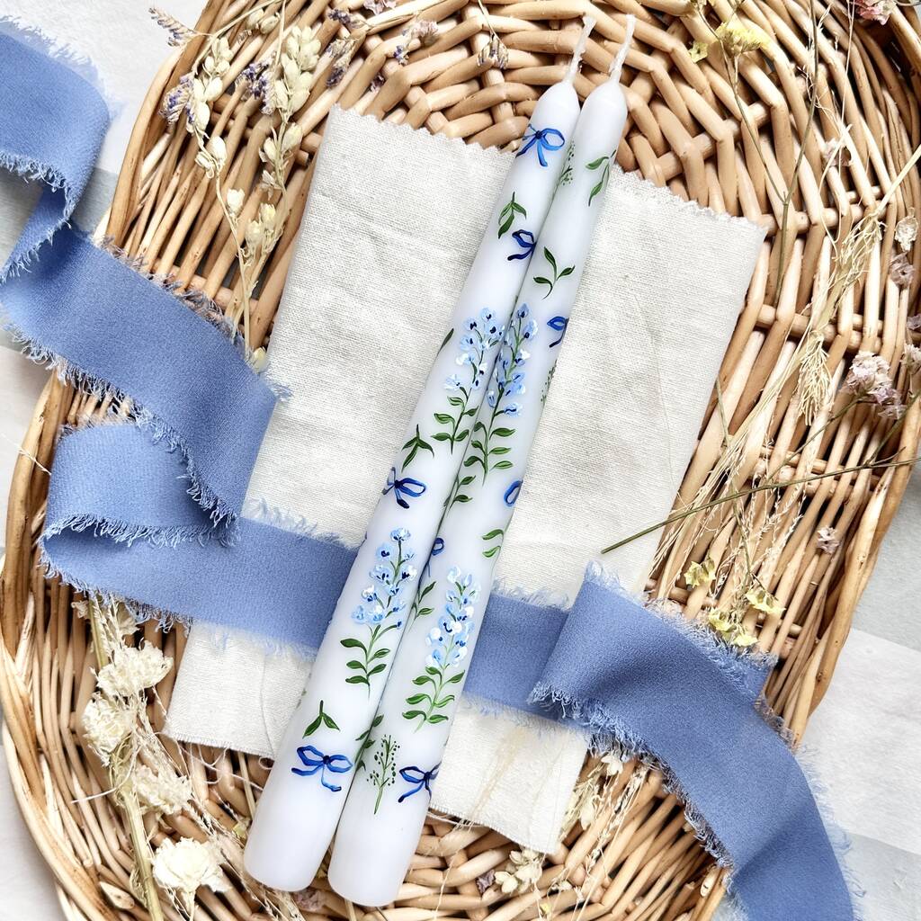Hand Painted Blue Ribbon Taper Candles By Kazoku Workshop ...