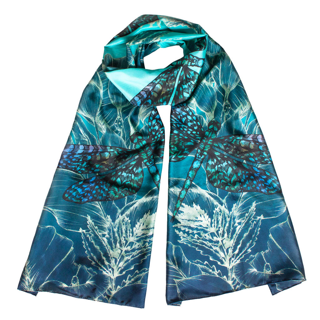 dragonfly lily long floral silk scarf in teal and blue by jessica wilde ...