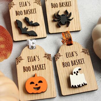 Personalised Halloween Boo Basket Name Tag Engraved By The Wood Look