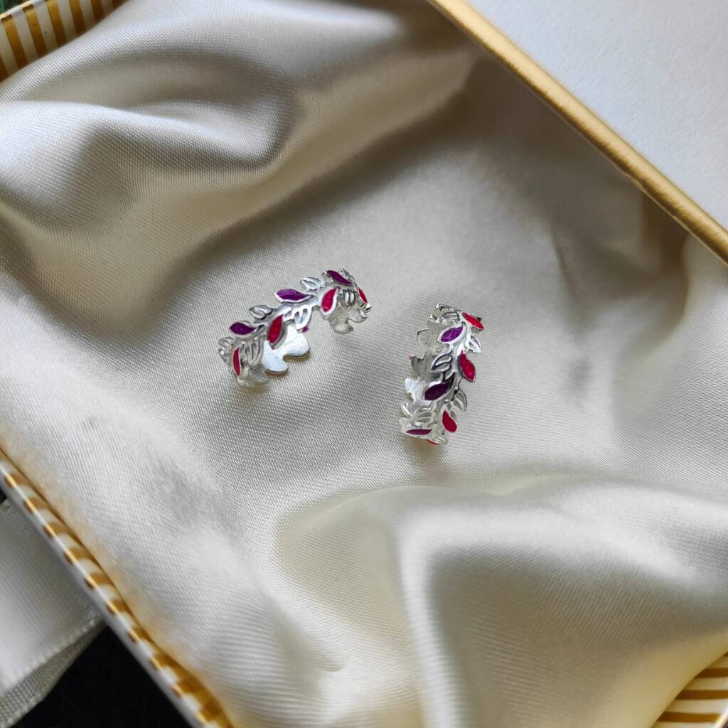 Pink Purple Adjustable Pure Silver Leaf Foot Toe Ring By Sparkling Aura