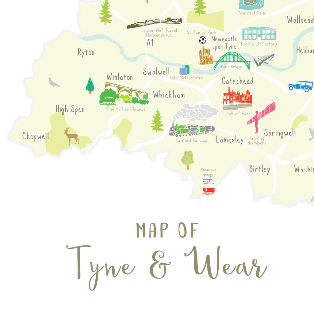 map of tyne and wear art print by holly francesca | notonthehighstreet.com