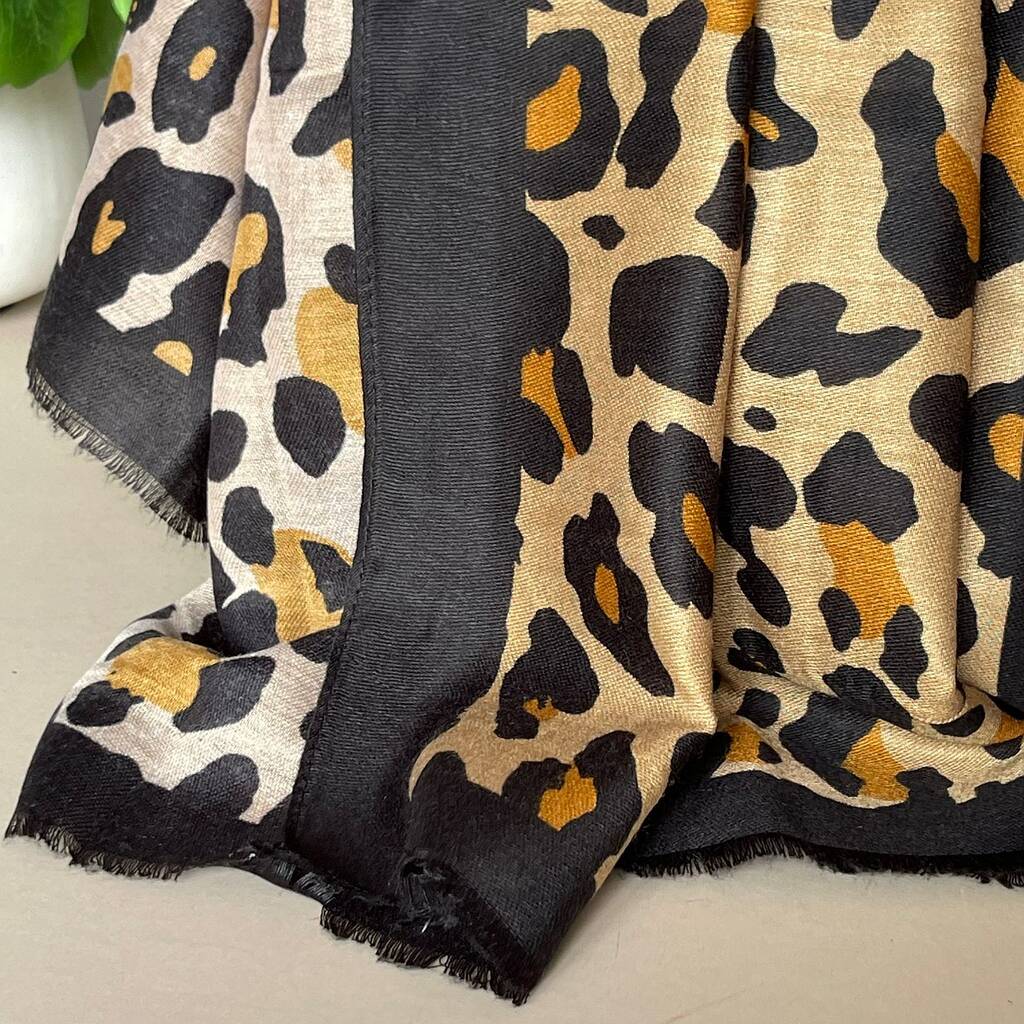 Leopard Print Black Border Scarf In Black And Brown By Nest Gifts