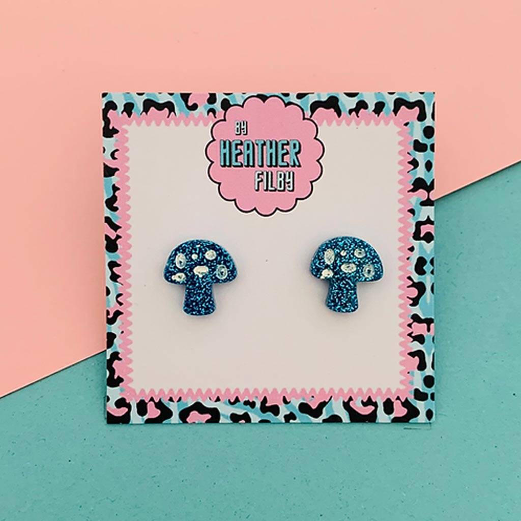 Blue Glitter Mushroom Toadstool Studs By By Heather Filby