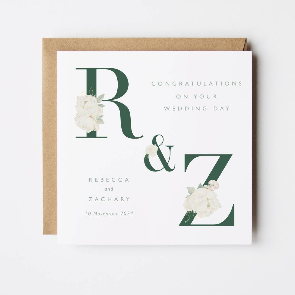 Personalised Initials Green Floral Wedding Card By momo+boo