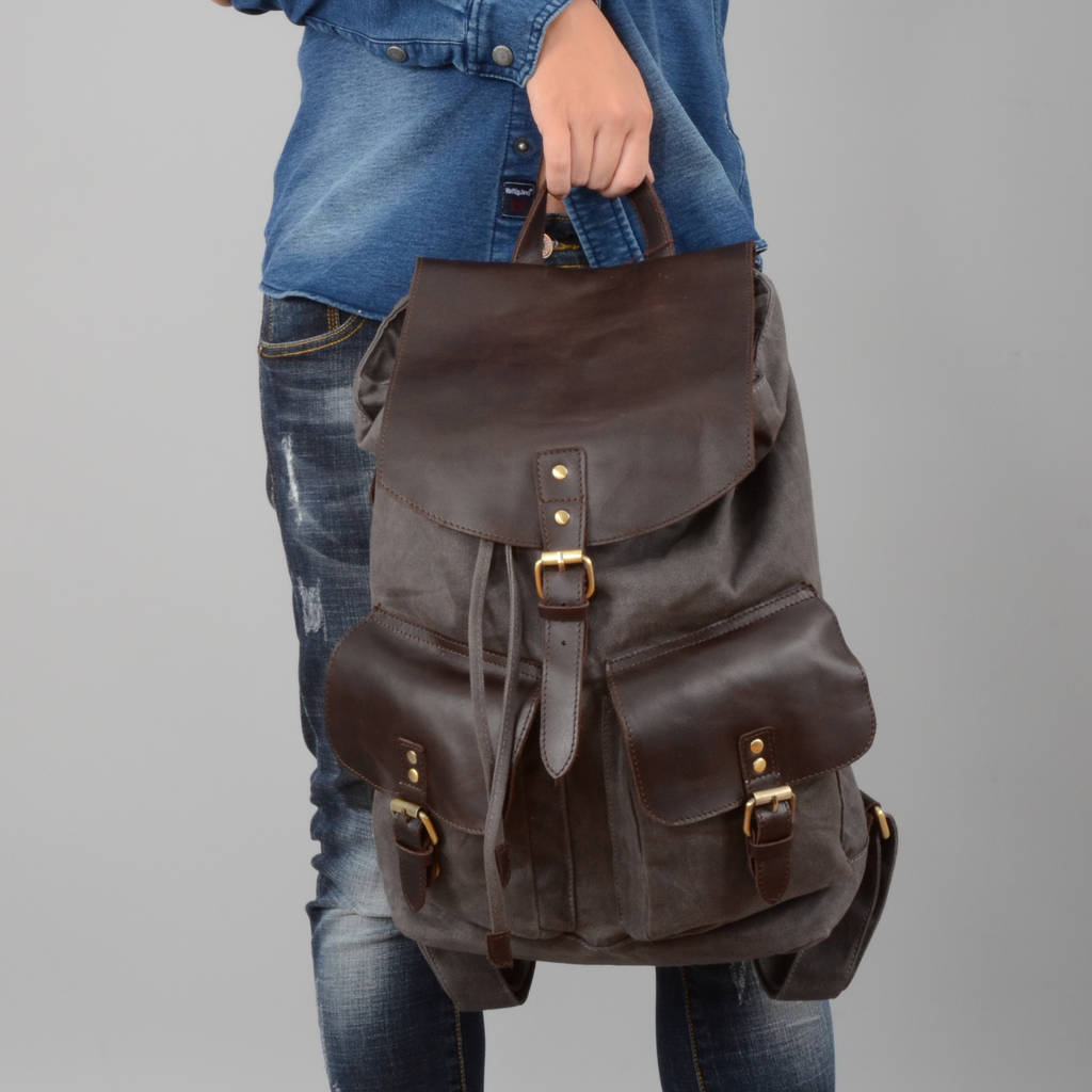 waxed canvas leather double pocket backpack by eazo ...