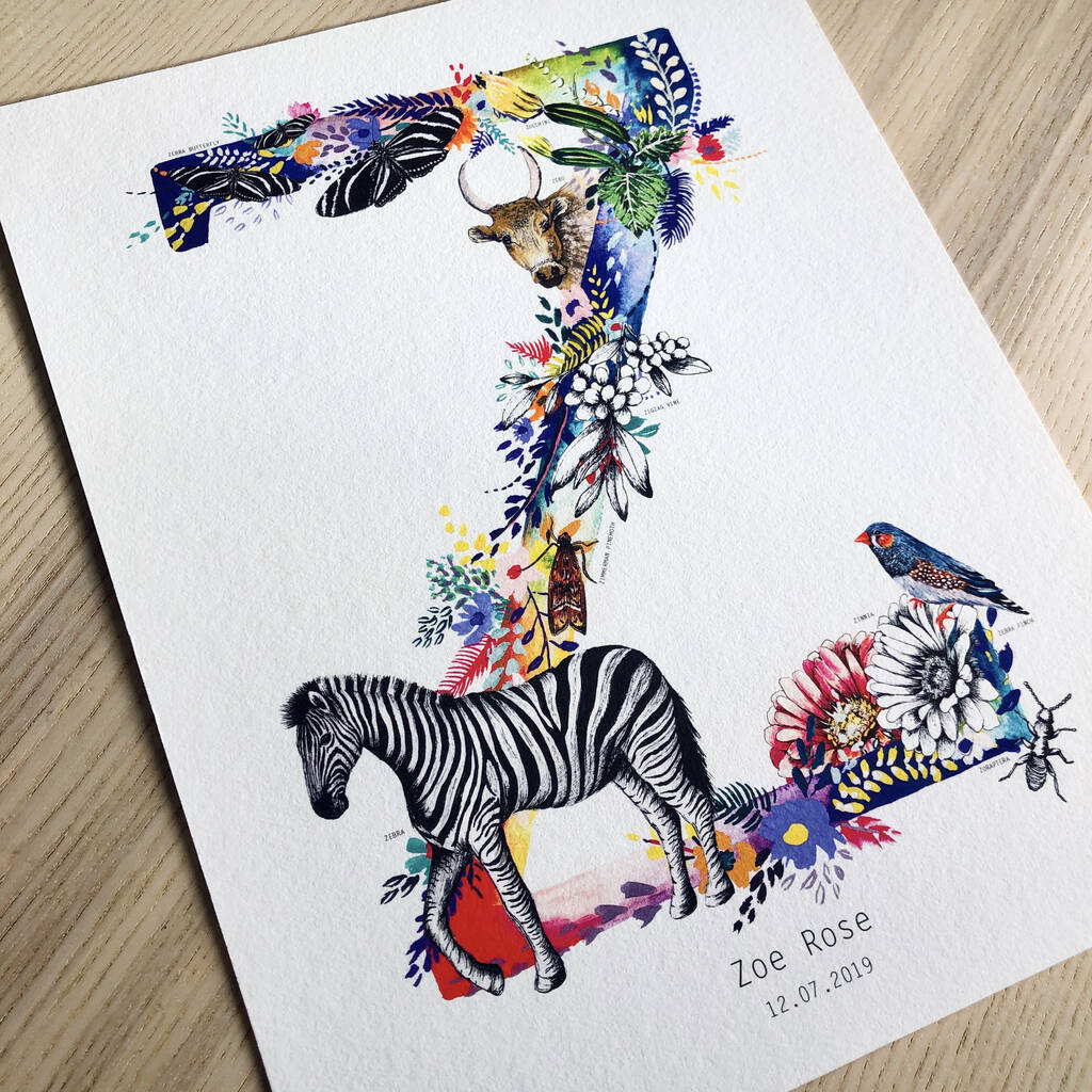 personalised t to z bright wildlife initials print by charlotte jones ...