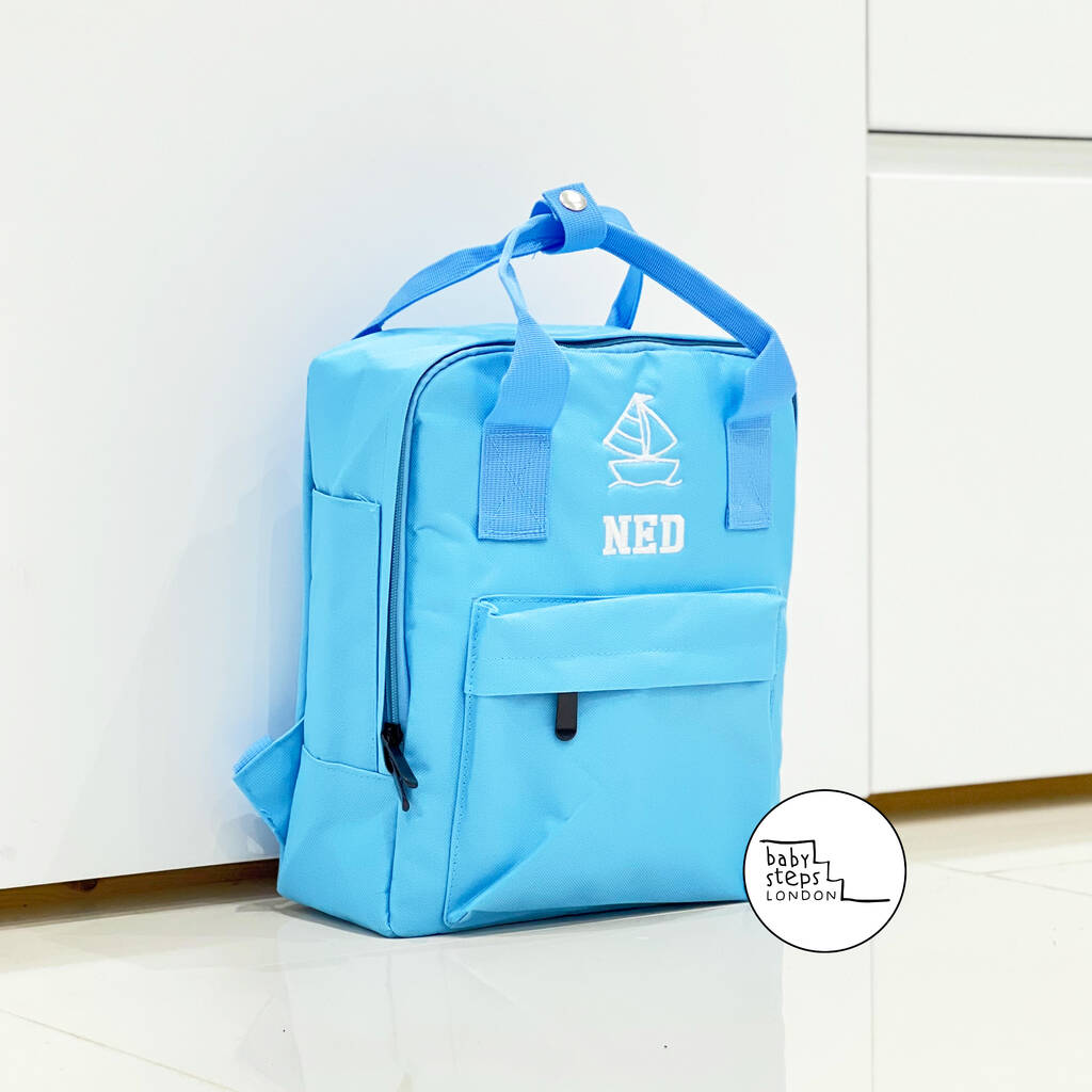 Blue Personalised Twin Handle Mini Square Backpack By Baby Steps London