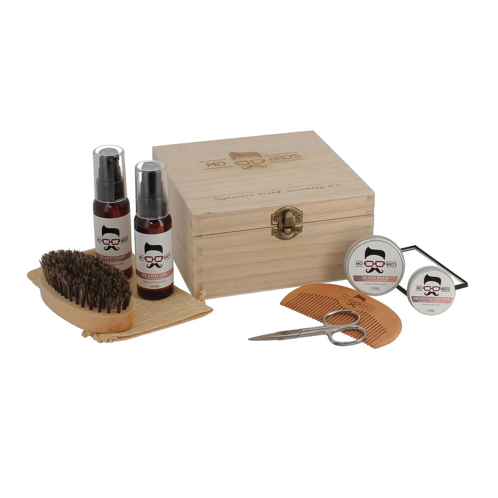 beard care collection in a wooden box by mo bro's - premium beard care ...