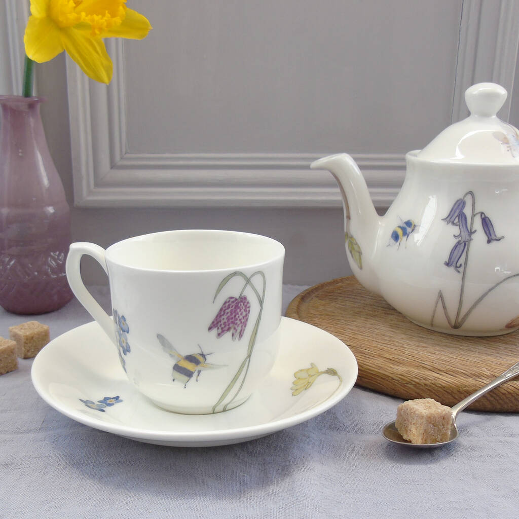 Bee And Spring Flowers China Teacup And Saucer By littlebirdydesigns ...