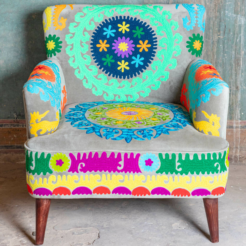 Multicolour Embroidered Velvet Armchair By Birch & Yarn ...