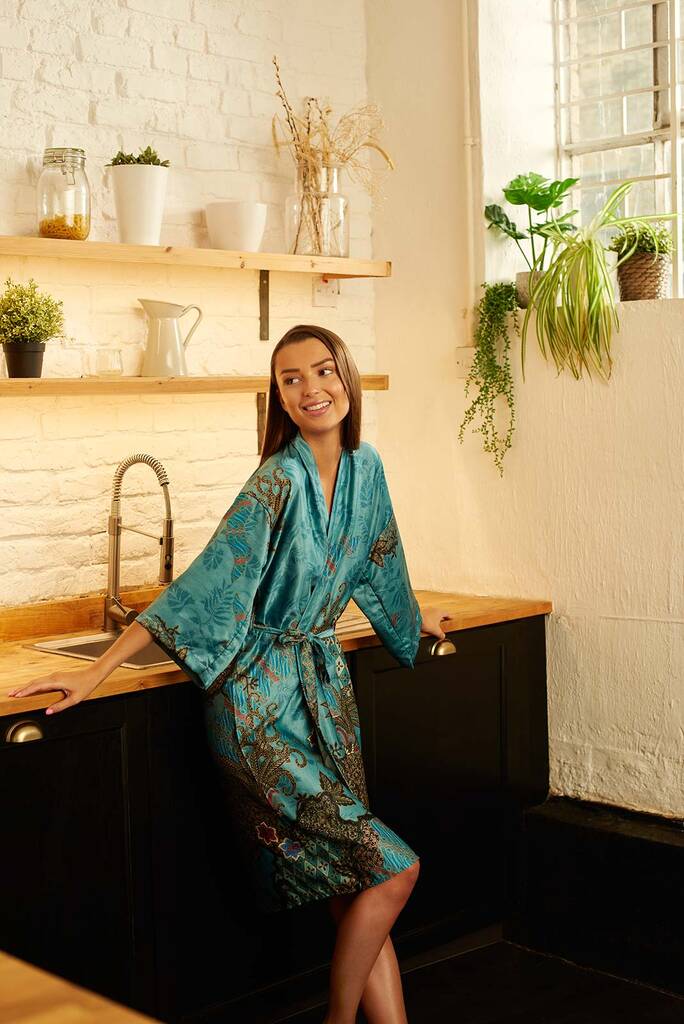 Handmade Blue Japanese Silk Blend Kimono Robe By Maru Loungewear ...