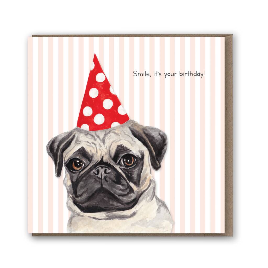 Party Pug With Stripes Card By lil wabbit | notonthehighstreet.com