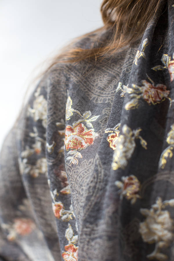 gold embossed flower print scarf by the forest & co ...