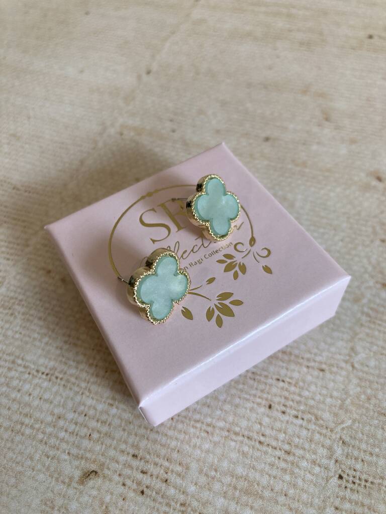 Pastel Mint Green Clover Stud Earrings By SRCOLLECTION