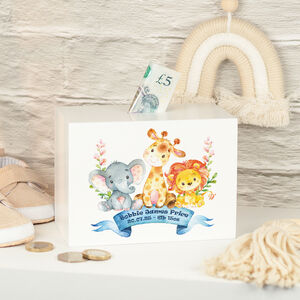 Personalised Jungle Animals Wooden Money Box By Love Lumi Ltd