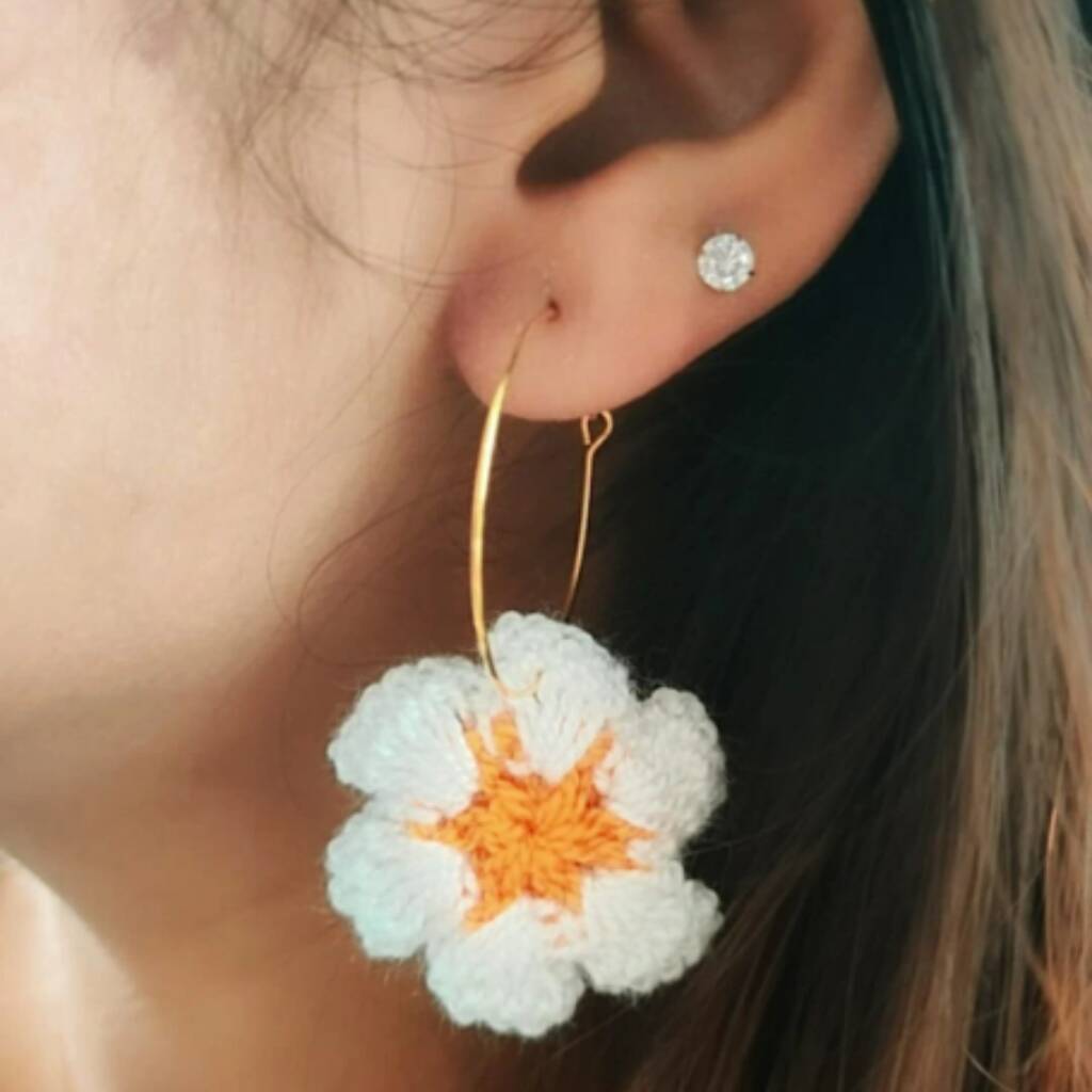 Handmade Crochet Floral Sun Flower Hoop Earring By Sparkling Aura
