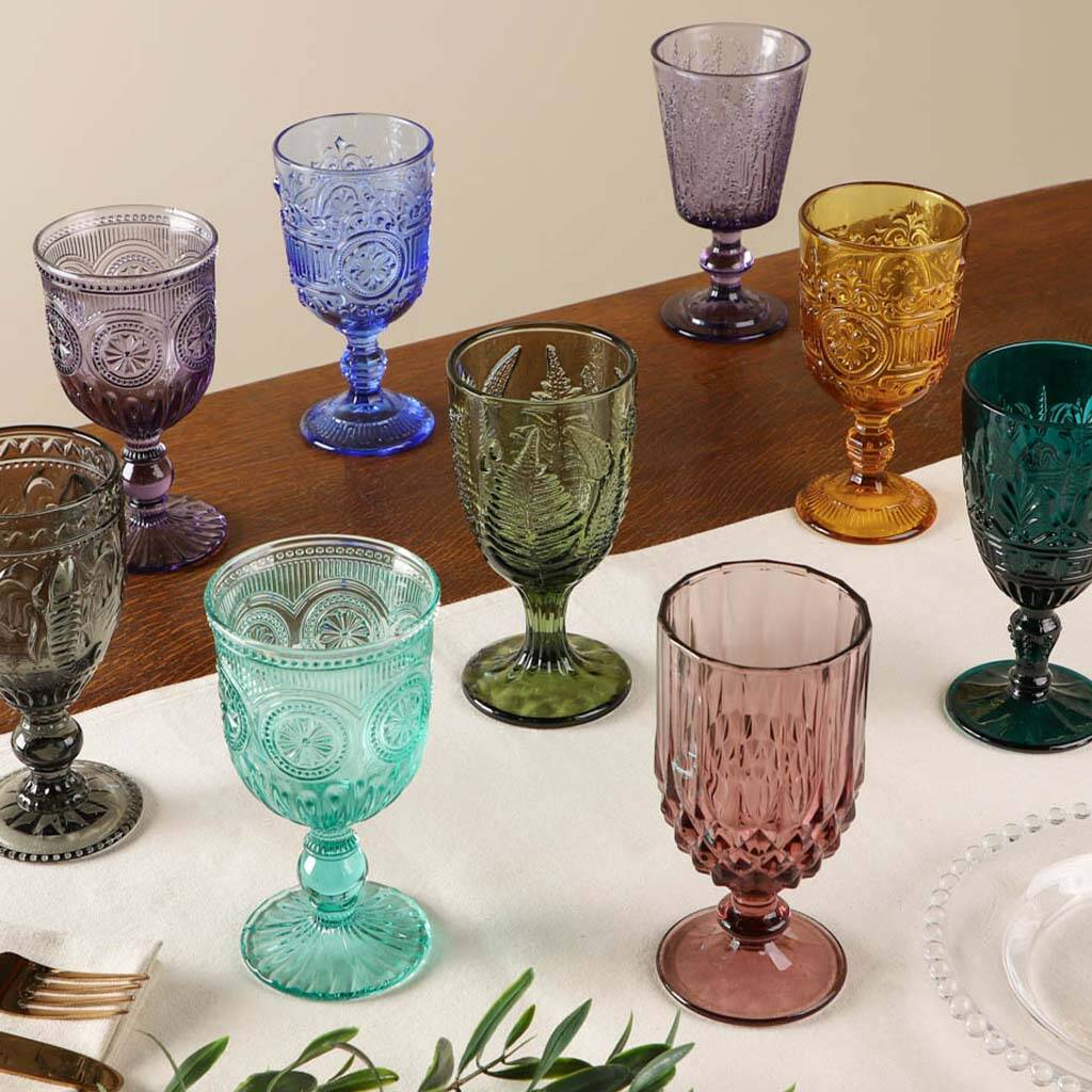 Set Of Four Vintage Embossed Coloured Wine Glasses By Dibor
