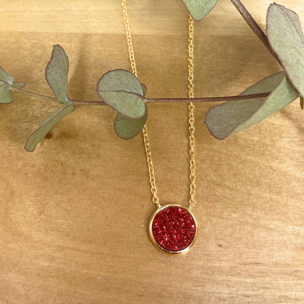 Round Red Druzy Crystal 18k Gold Plated Necklace By H.AZEEM London