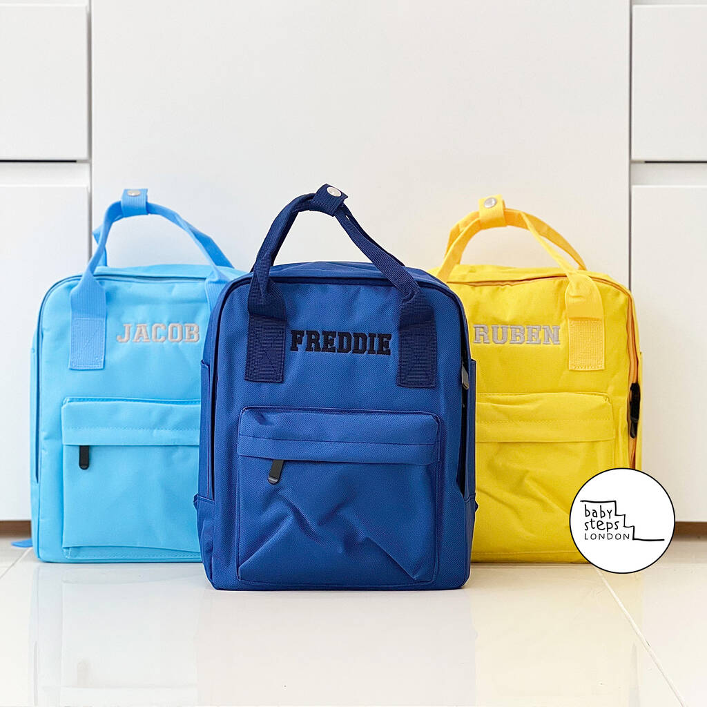 Blue Personalised Twin Handle Mini Square Backpack By Baby Steps London