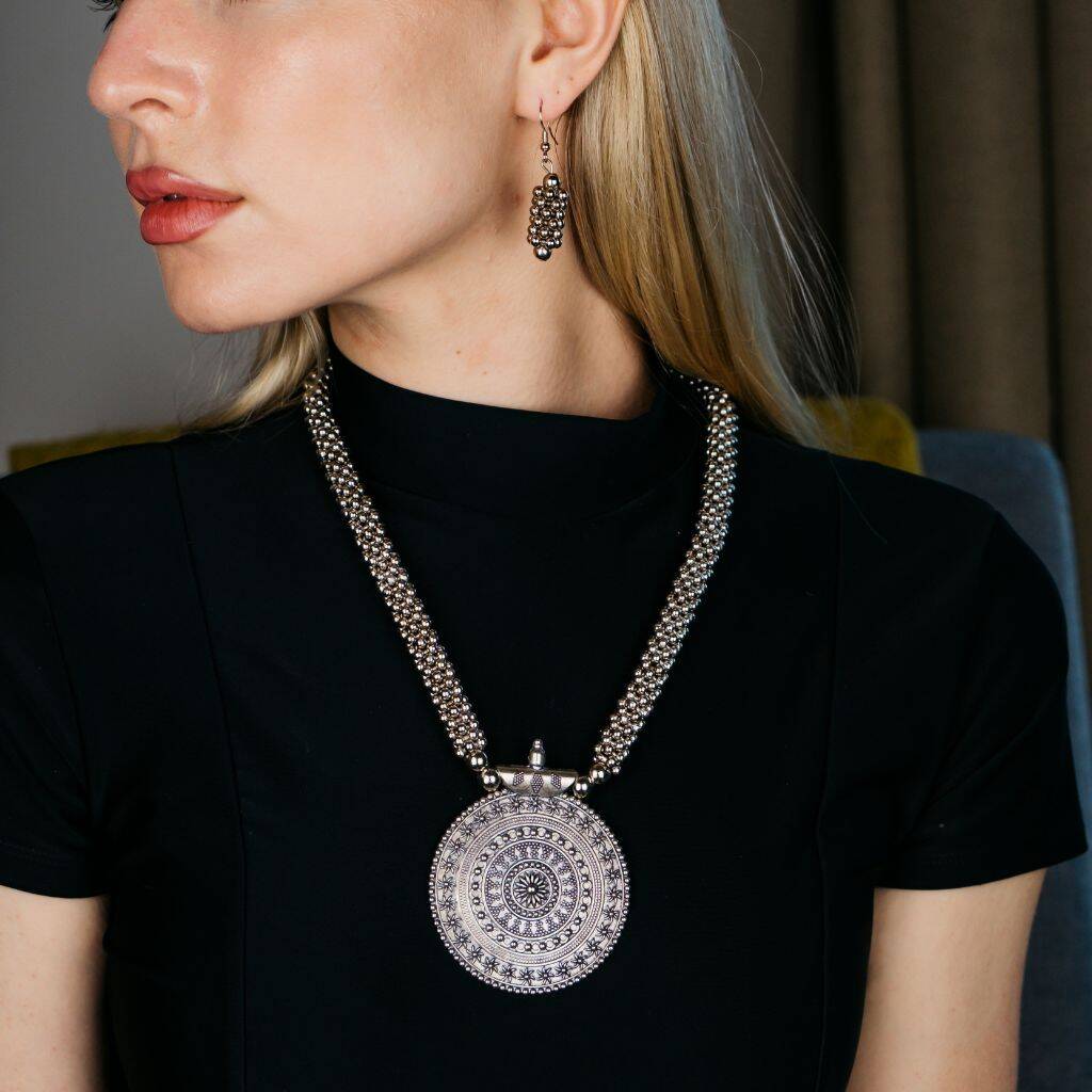 Long Silver Disc Statement Pendant Necklace Jewellery By Sparkling Aura