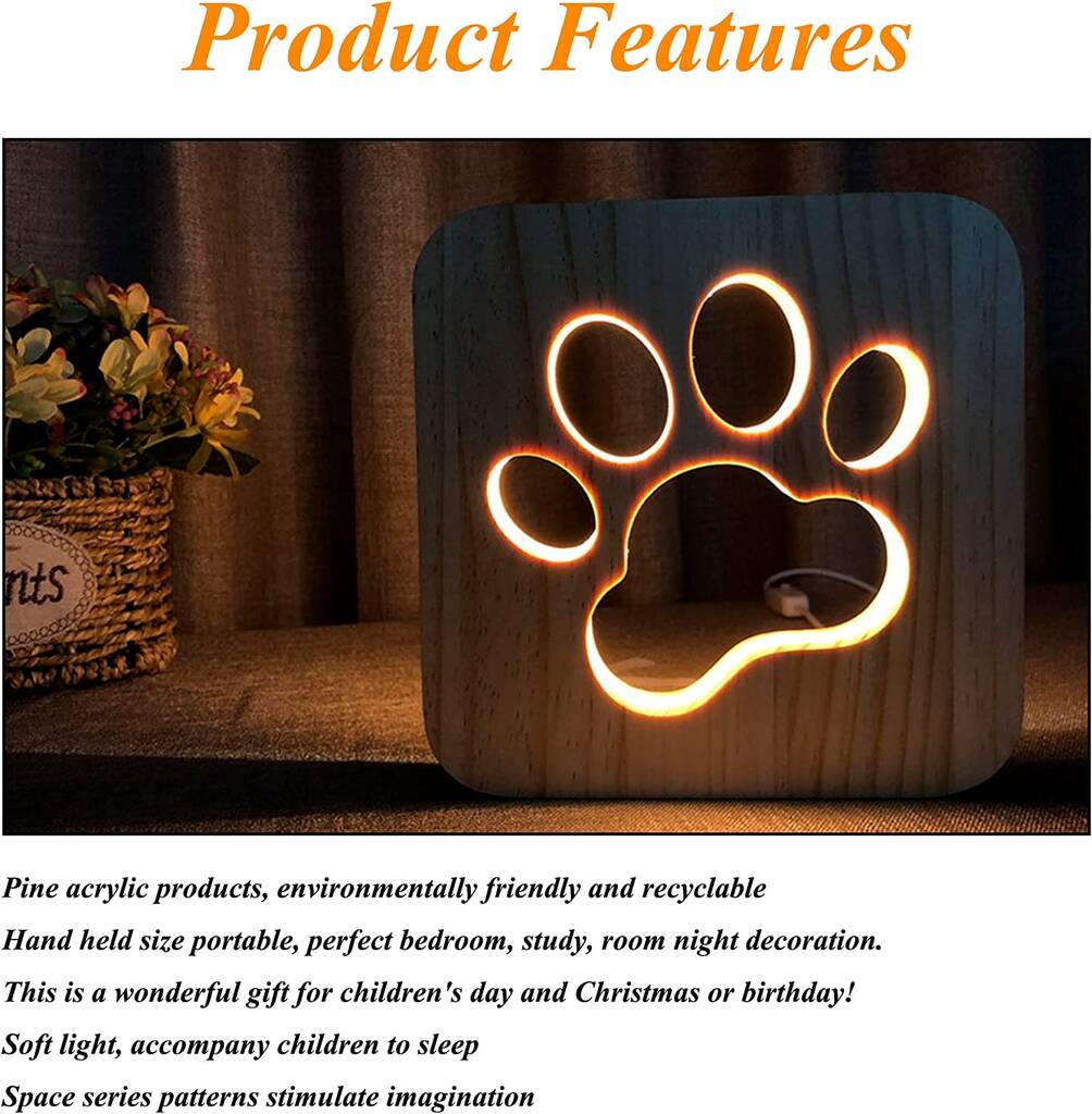 Cat Paw Wood Carved LED Night Light Lamp By Momentum ...