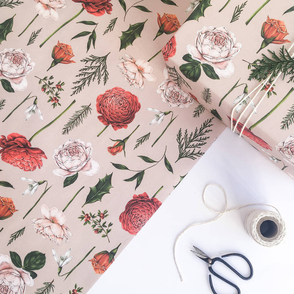 christmas botanical gift wrap pink berry roses by catherine lewis ...