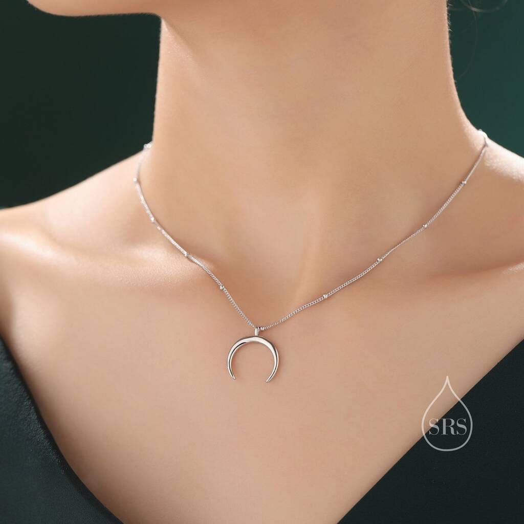 Crescent Moon Pendant Necklace With A Satellite Chain By Silver Rain Silver
