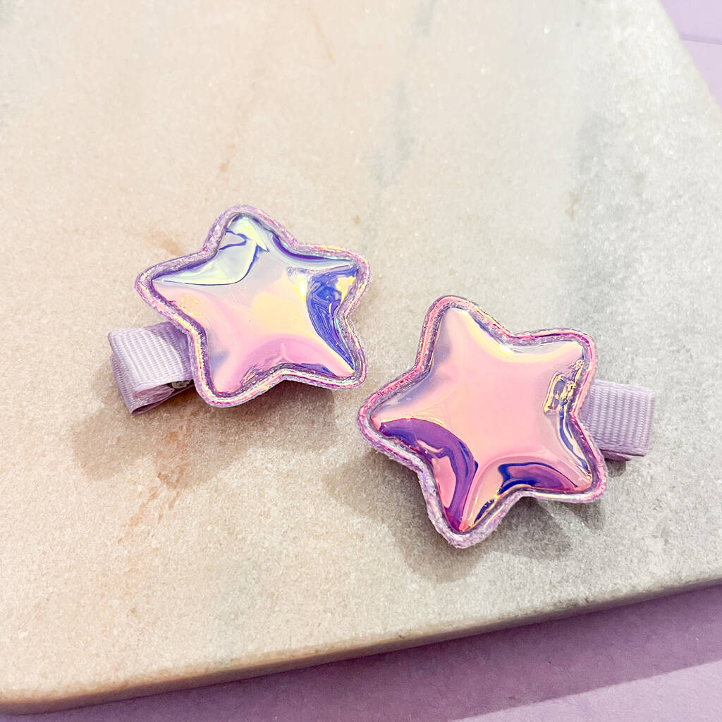 Pink Aurora Holographic Star Hair Clips By Lucy Loves Neko