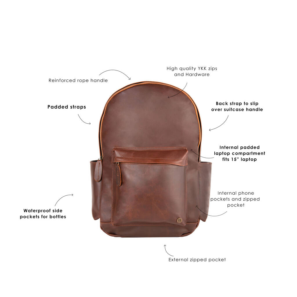 Personalised Brown Leather Backpack With Side Pockets By MAHI Leather