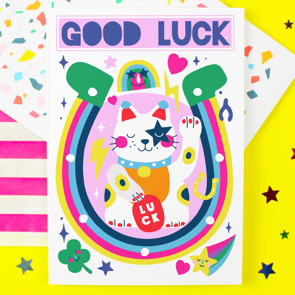 good luck cat colourful greeting card by paper joy | notonthehighstreet.com