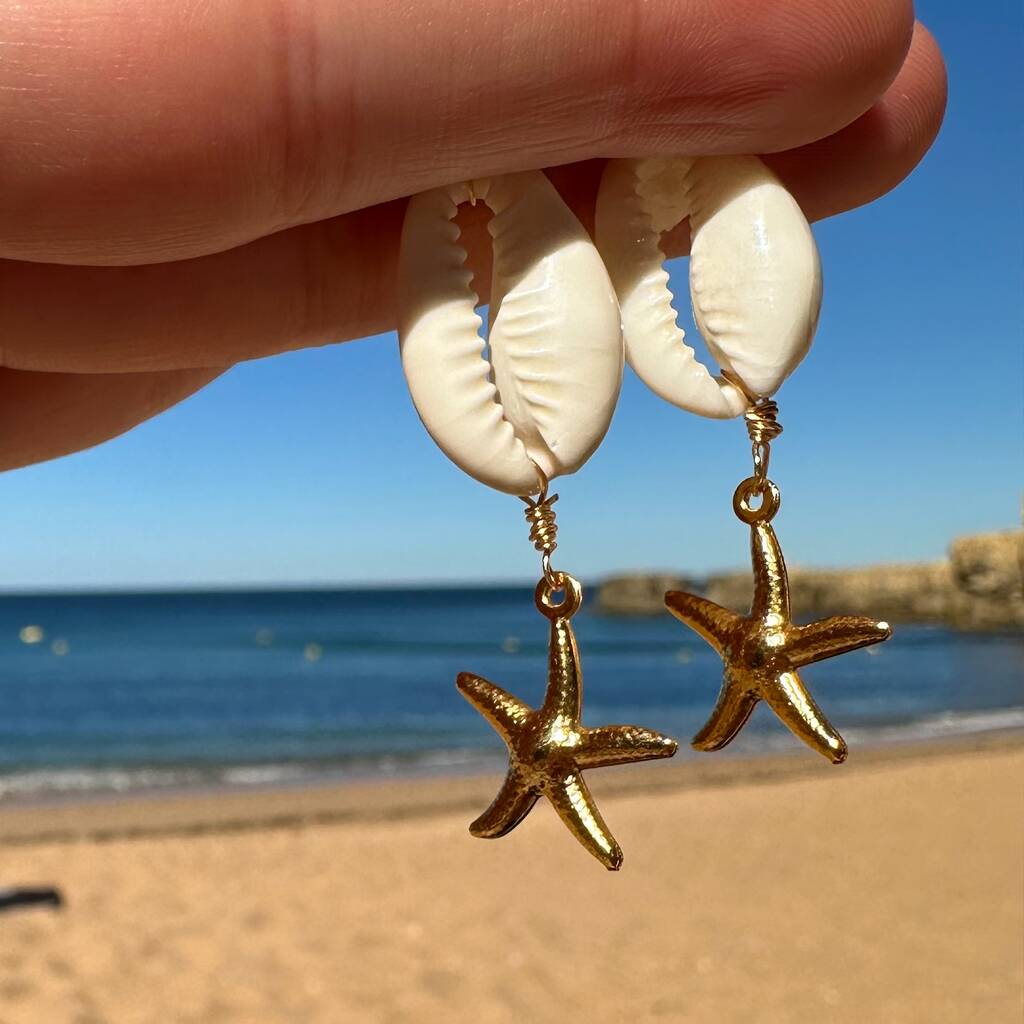 Gold Sea Shell And Star Fish Dangly Earrings By Knotsy Brighton